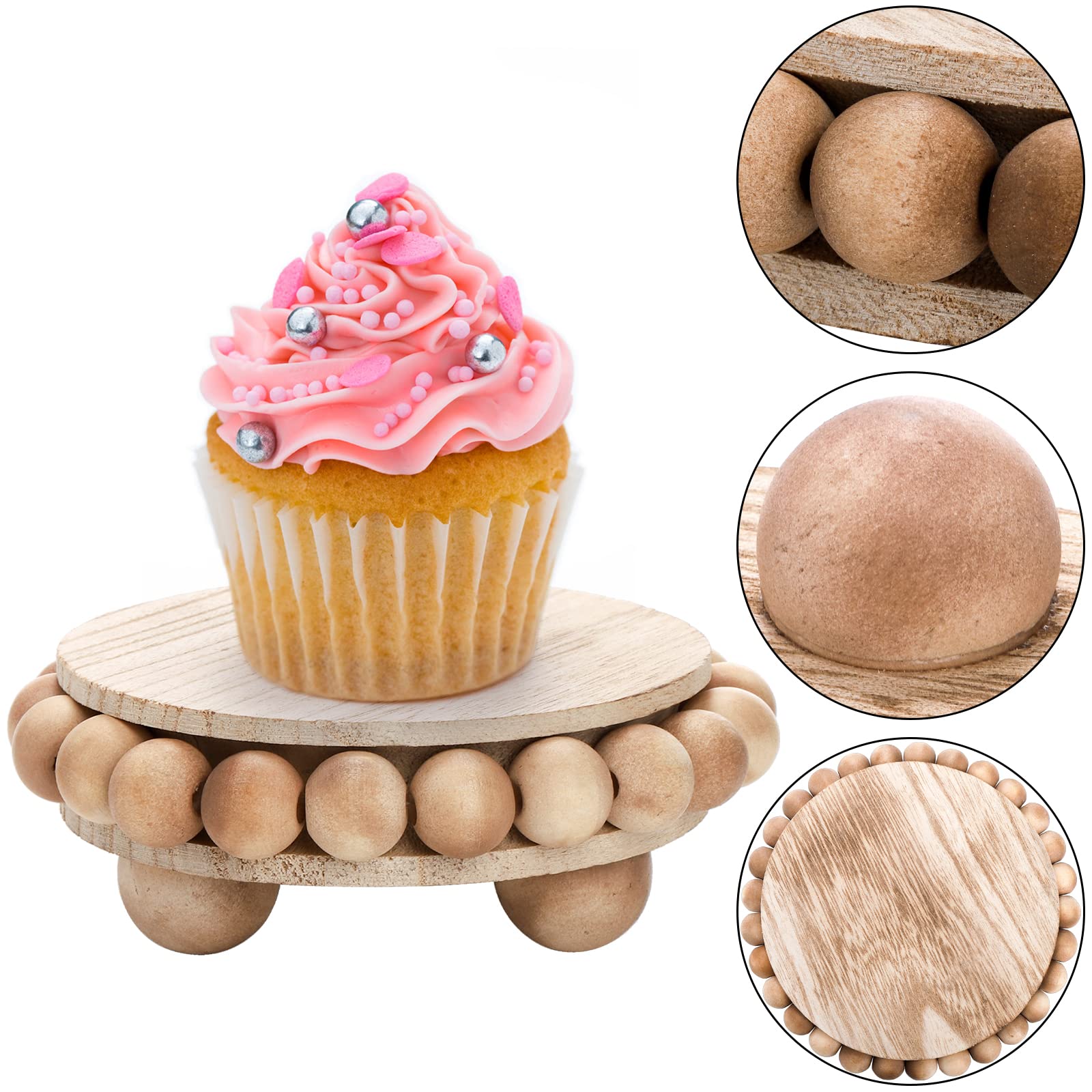 Peohud Set of 3 Wood Risers for Display, Farmhouse Wooden Pedestal Stand, Rustic Stool Plant Pot Holder, Beaded Display Riser for Tiered Tray Home Kitchen Counter Table Decor, 9.5/6/4 Inches