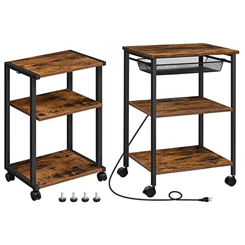 HOOBRO Mobile Printer Stand, 3-Tier Printer Cart Under Desk with Storage, Industrial Adjustable Rolling Cart for Home Office, Rustic Brown and Black BF28PS01-BF23PS01