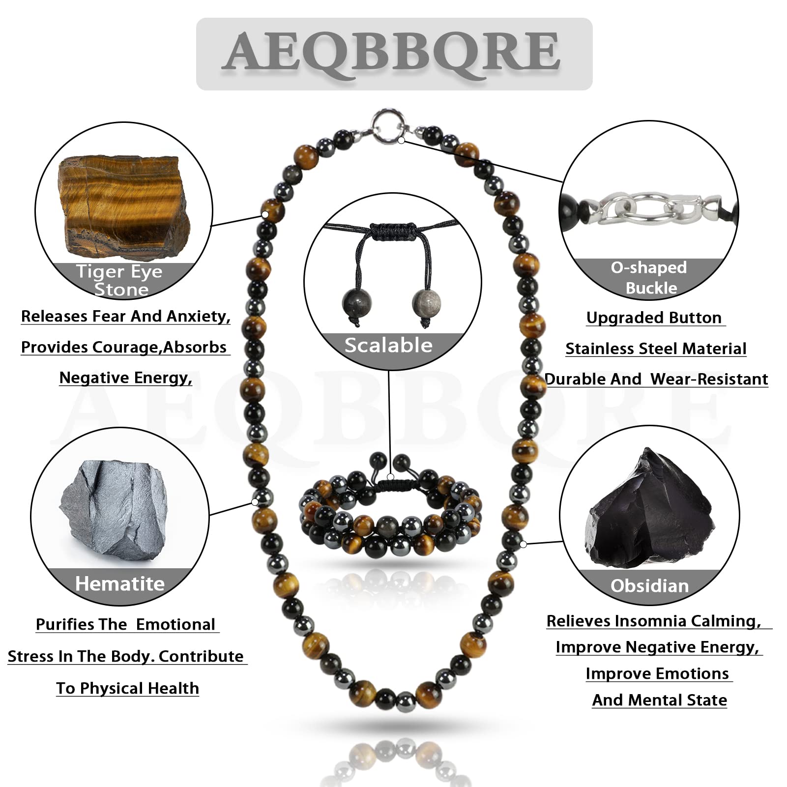 Men Tiger Eye Beaded Necklace Bracelet Triple Protection Jewelry Sets Hematite Black Obsidian Healing Crystal Stone Chakra Necklace