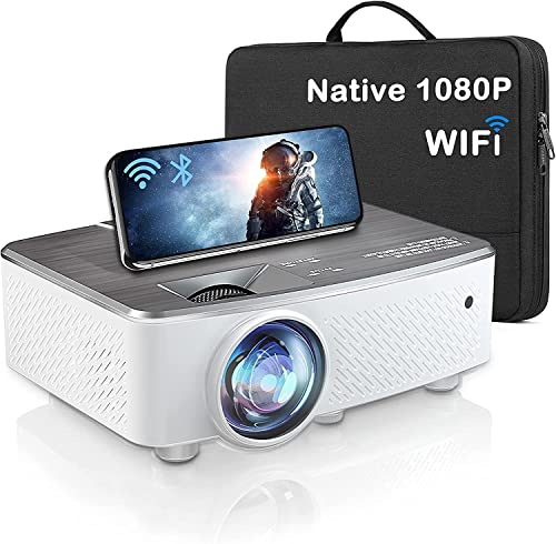 WiFi Bluetooth Projector, Native 1080P HD Movie Projector with 120" Projector Screen and Carrying Case, 4K Supported 200" Display Home Theater, Compatible with iOS/ Android/ Xbox/ PS5/ TV Stick/ HDMI