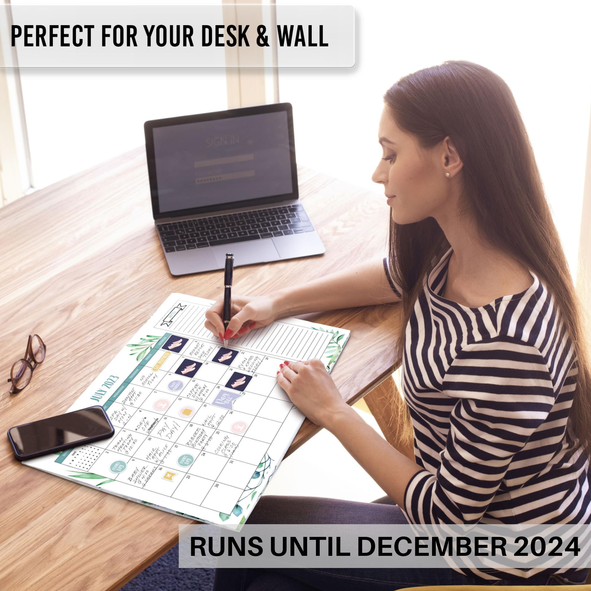 Aesthetic 2024 Greenery Desk Calendar - Runs From June 2023 Until December 24 - School Year Desktop/Wall Calendar 17"x11" for Easy Organizing
