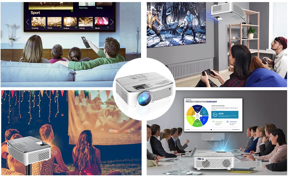 WiFi Bluetooth Projector, Native 1080P HD Movie Projector with 120" Projector Screen and Carrying Case, 4K Supported 200" Display Home Theater, Compatible with iOS/ Android/ Xbox/ PS5/ TV Stick/ HDMI