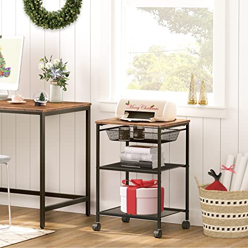HOOBRO Mobile Printer Stand, 3-Tier Printer Cart Under Desk with Storage, Industrial Adjustable Rolling Cart for Home Office, Rustic Brown and Black BF28PS01-BF23PS01