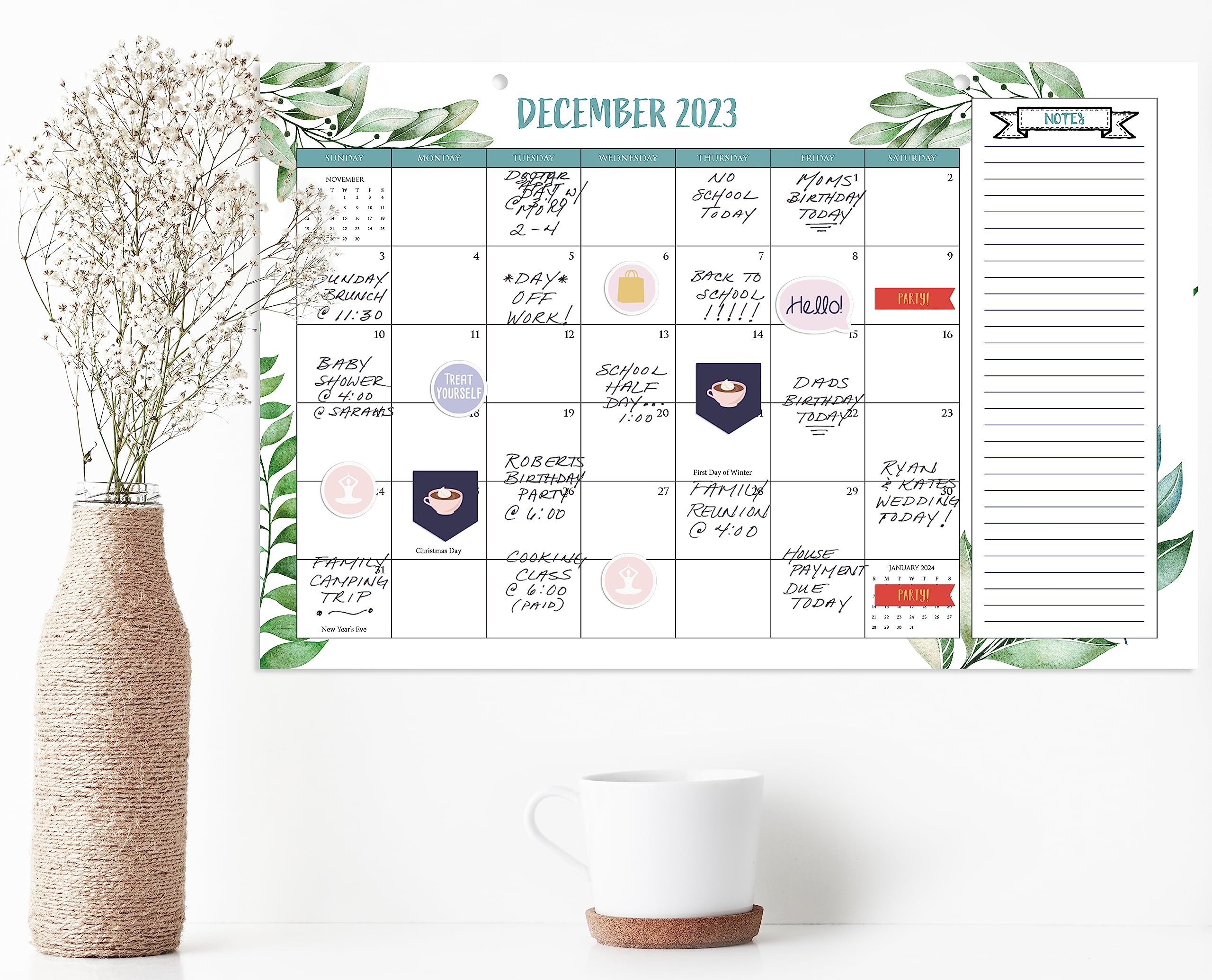 Aesthetic 2024 Greenery Desk Calendar - Runs From June 2023 Until December 24 - School Year Desktop/Wall Calendar 17"x11" for Easy Organizing