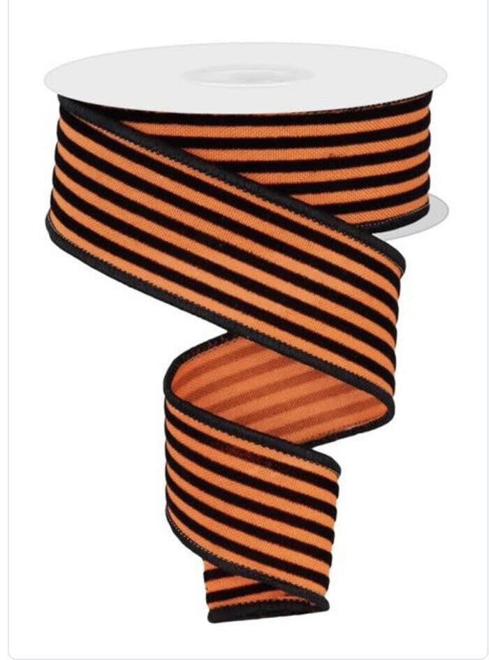 10 Yards 1.5in Wired Orange Ribbon with Black Thin Velvet Cabana Lines