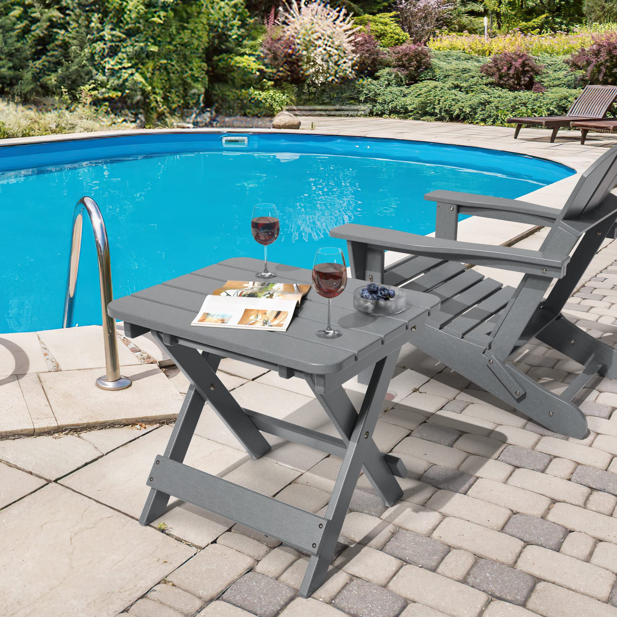 TORVA Outdoor Adirondack Foldable Side Table,Patio End Table for Poolside Garden, Weather Resistant Coffee Table -Plastic High-Density PE(Gray Color-floldable