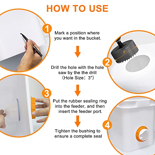 RTOSY DIY Chicken Feeder Port, 6 Pack No Waste Poultry Feeder Kit with Caps & Hole Saw, Rain Proof DIY Automatic Chicken Feeders for Buckets, Barrel, Bins (6 Ports & 1 Hole Saw)