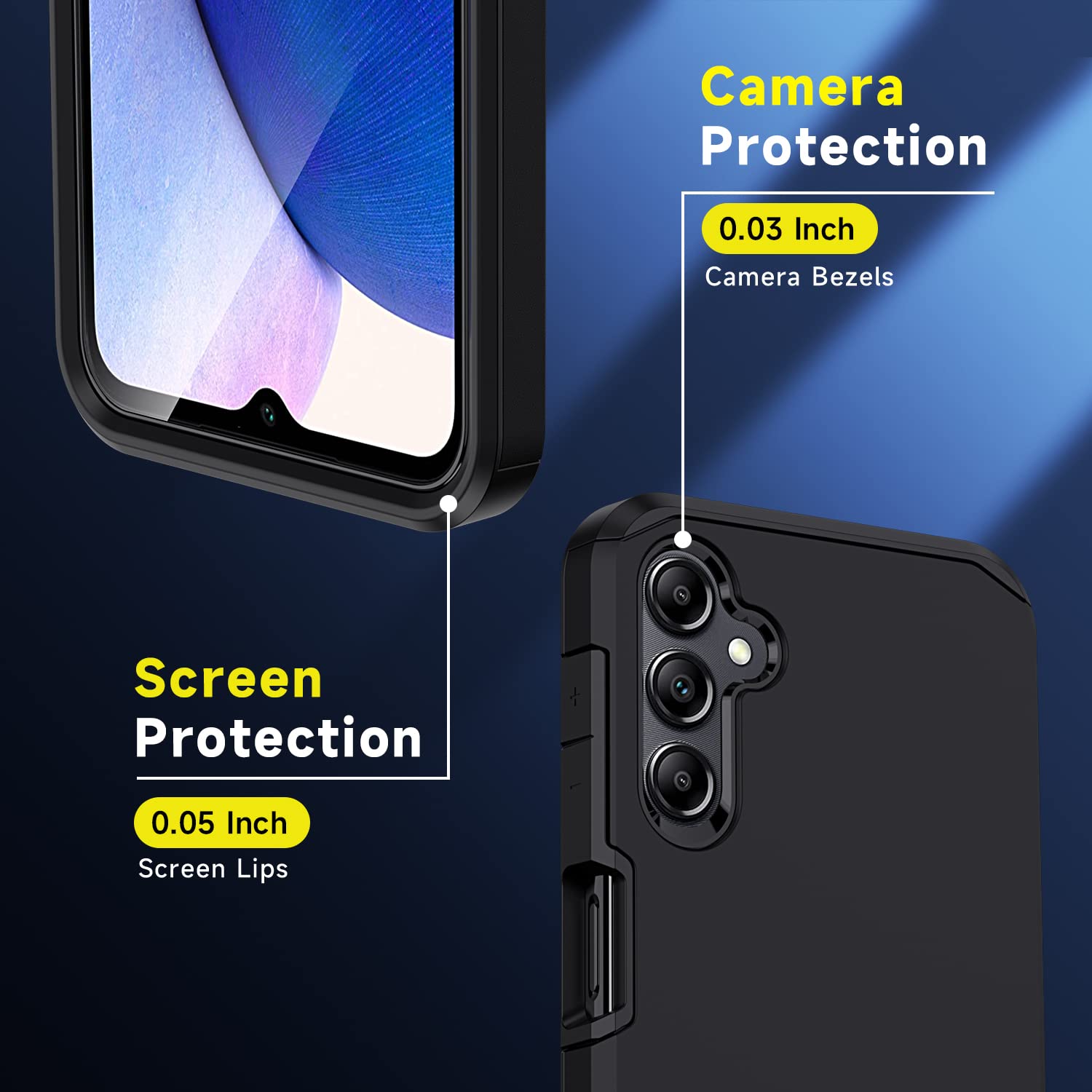Huness 3 in 1 Case for Galaxy A14 with Tempered Glass Screen Protector, Camera Lens Protector and Silicone Protective Cover - Black