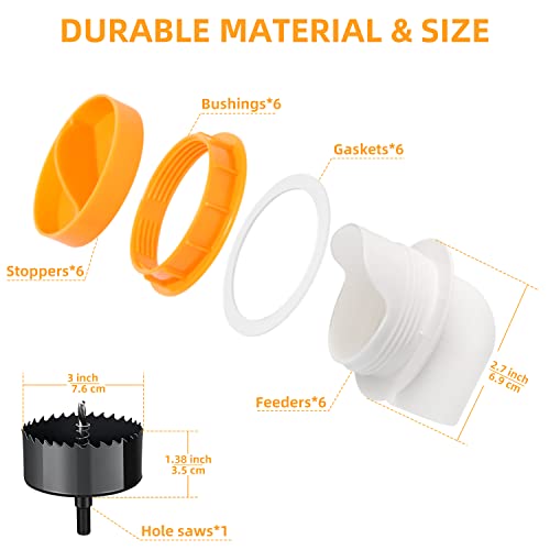 RTOSY DIY Chicken Feeder Port, 6 Pack No Waste Poultry Feeder Kit with Caps & Hole Saw, Rain Proof DIY Automatic Chicken Feeders for Buckets, Barrel, Bins (6 Ports & 1 Hole Saw)