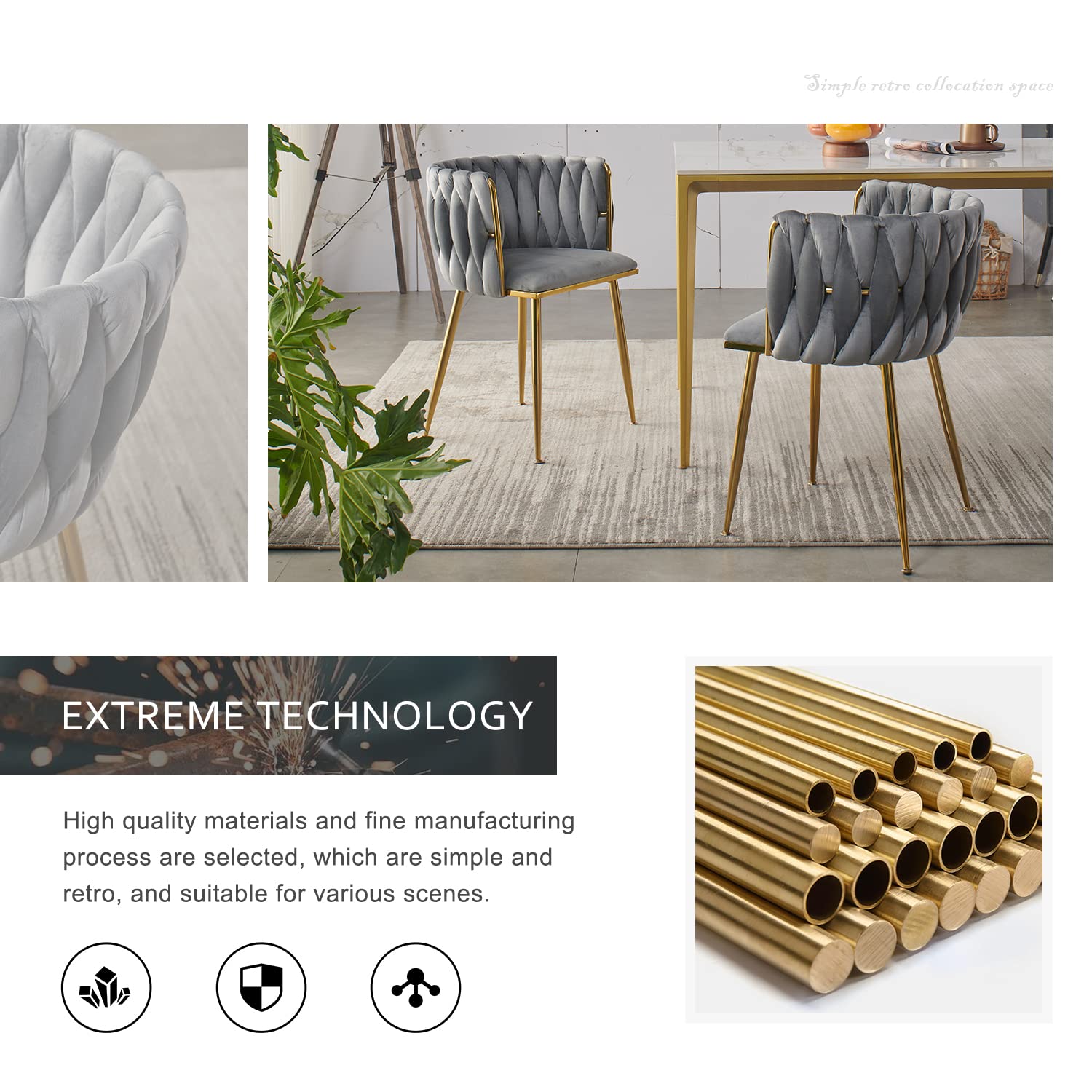 Tsuysi Velvet Set of 2, Gold Modern Dining Chair with Metal Legs, Woven Upholstered Dining Chairs for Dining Room, Kitchen, Vanity, Living Room (Grey)