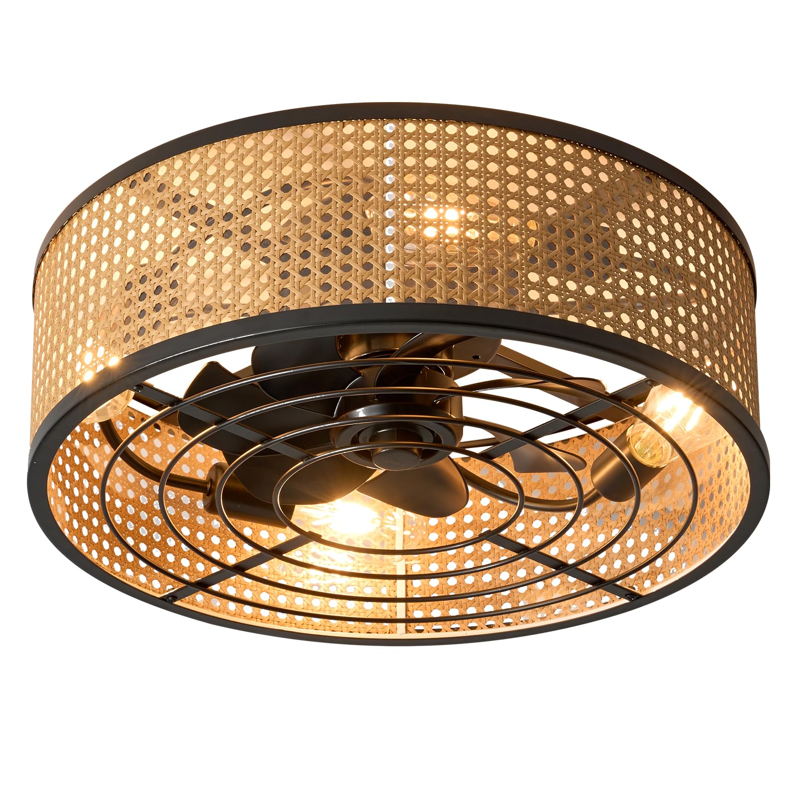 zheshirui Rattan Boho Ceiling Fan with Light Flush Mount, 20 Inch Caged Ceiling Fans with Light and Remote Control, Low Profile Enclosed 6 Speeds for Bedroom Kitchen Living Room