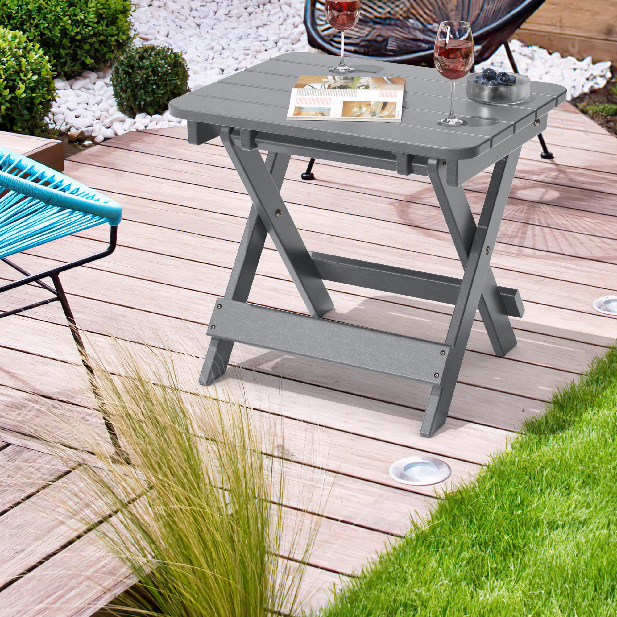 TORVA Outdoor Adirondack Foldable Side Table,Patio End Table for Poolside Garden, Weather Resistant Coffee Table -Plastic High-Density PE(Gray Color-floldable