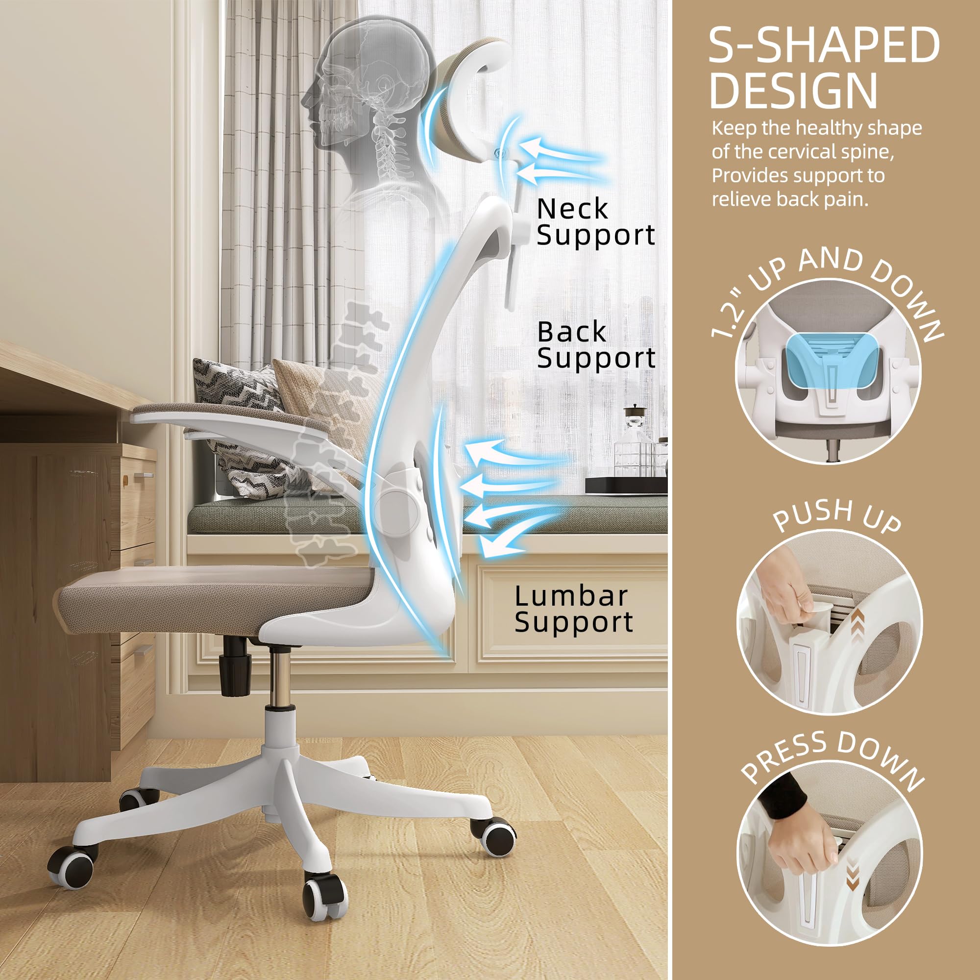 Monhey Home Office Desk Chair Office Chairs, Ergonomic Office Chair with Adjustable Headrest, Lumbar Support and Flip-up Arms, Computer Chair Khaki Mesh Chair for Home Office