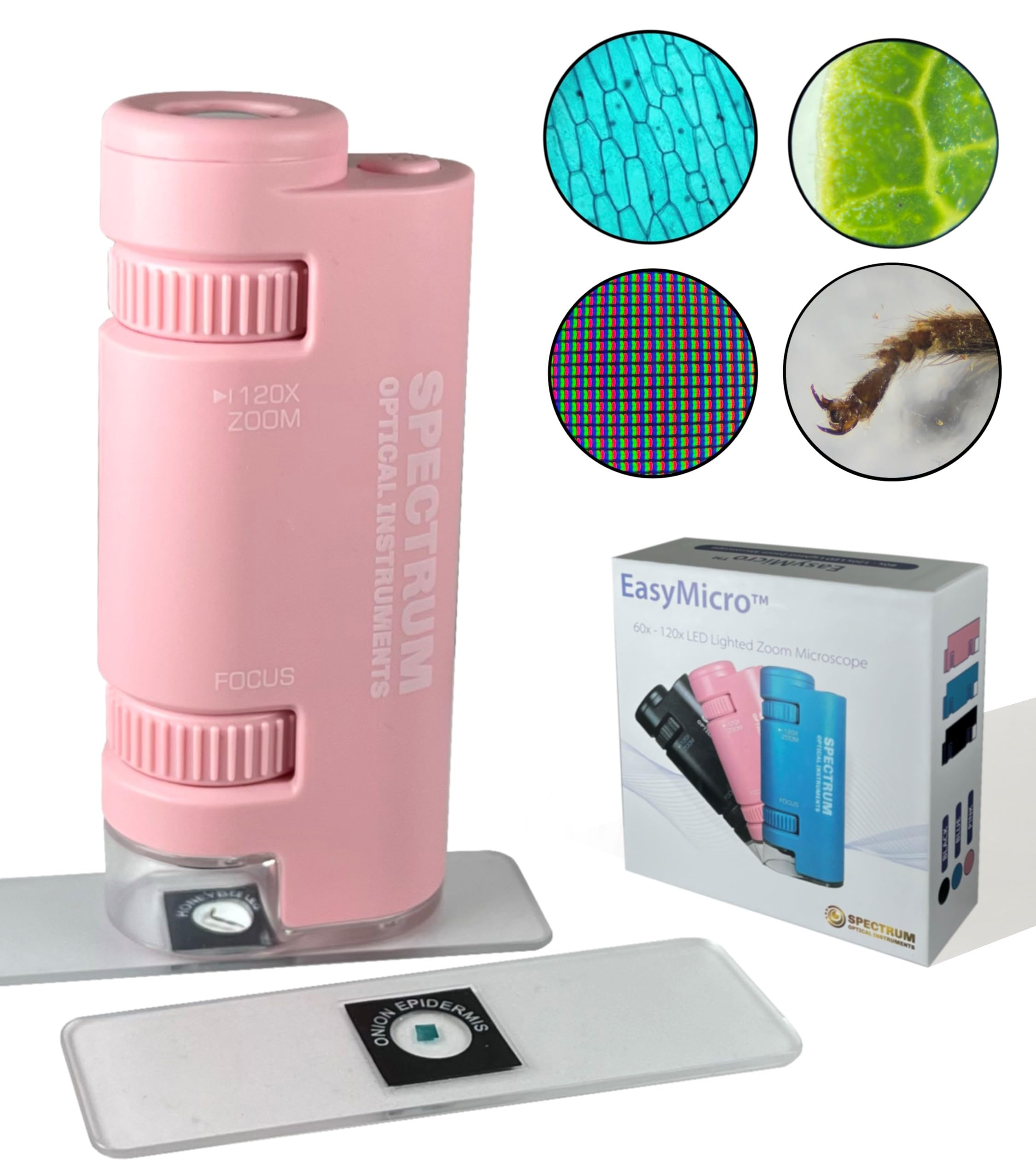 EasyMicro 60x-120x LED Lighted Zoom Microscope (Pink) - 2X Bonus Sample Slices and Protective Bag - Spectrum Optical Instruments
