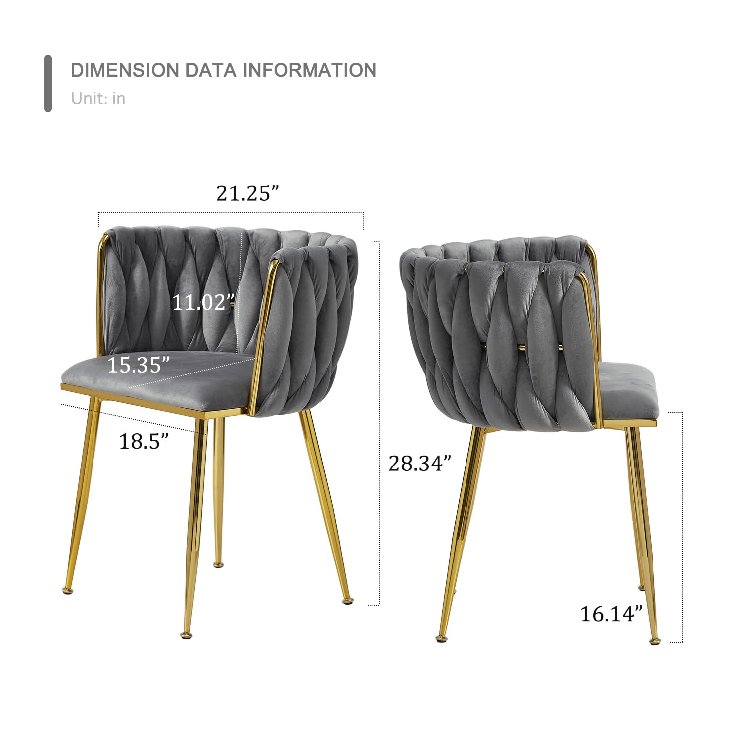 Tsuysi Velvet Set of 2, Gold Modern Dining Chair with Metal Legs, Woven Upholstered Dining Chairs for Dining Room, Kitchen, Vanity, Living Room (Grey)