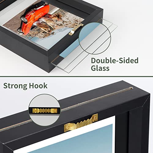 Trwcrt 5x7 Picture Frame Set of 4, Double Glass Floating Photo Frames Display up to 7 x 9 Photos for Desktop or Wall Hanging, Black