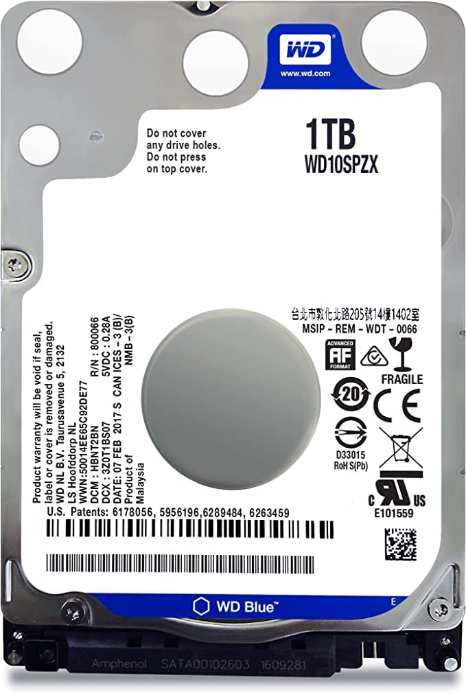 WD Blue 1TB Mobile Hard Disk Drive - 5400 RPM SATA 6 Gb/s 128MB Cache 2.5 Inch 7mm - WD10SPZX WD Recertified (Renewed)
