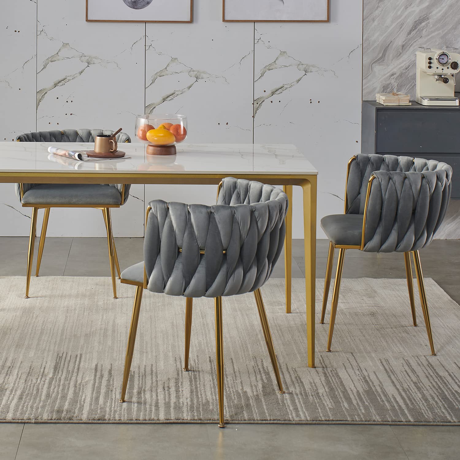 Tsuysi Velvet Set of 2, Gold Modern Dining Chair with Metal Legs, Woven Upholstered Dining Chairs for Dining Room, Kitchen, Vanity, Living Room (Grey)