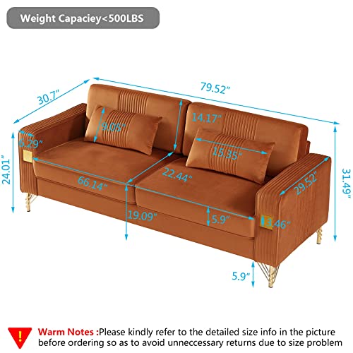 Betoko Velvet Upholstered Sofas Couches for Living Room Modern Contemporary Channel Tufted 3 Seater Sofa Couch with Golden Metal Legs for Bedroom Office and Small Spaces (Camel)