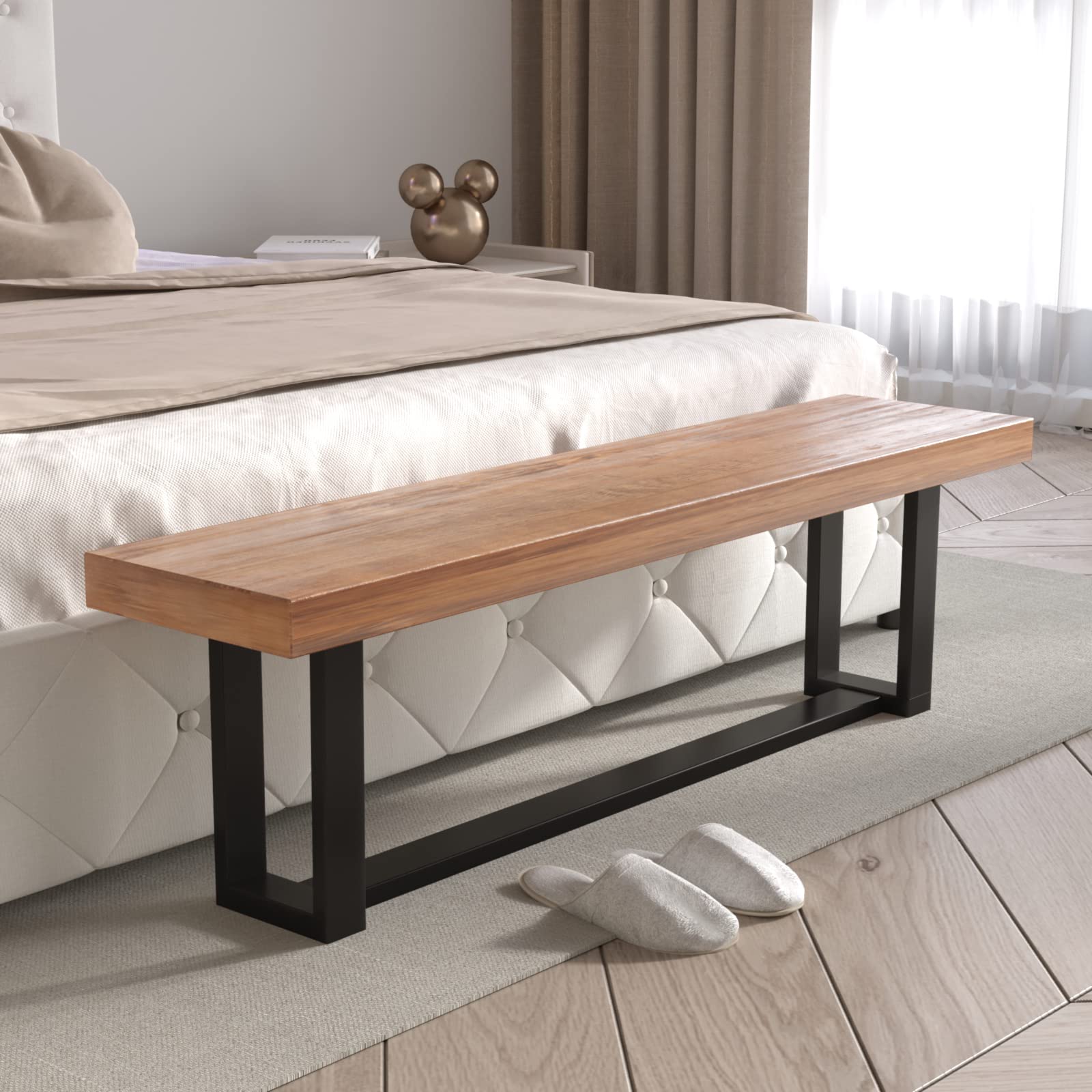 SOSPIRO 60 inch Solid Wooden Dining Bench with Metal Frame, Farmhouse Indoor Kitchen Table Bench Seating for Dining Room Living Room Entryway, Brown
