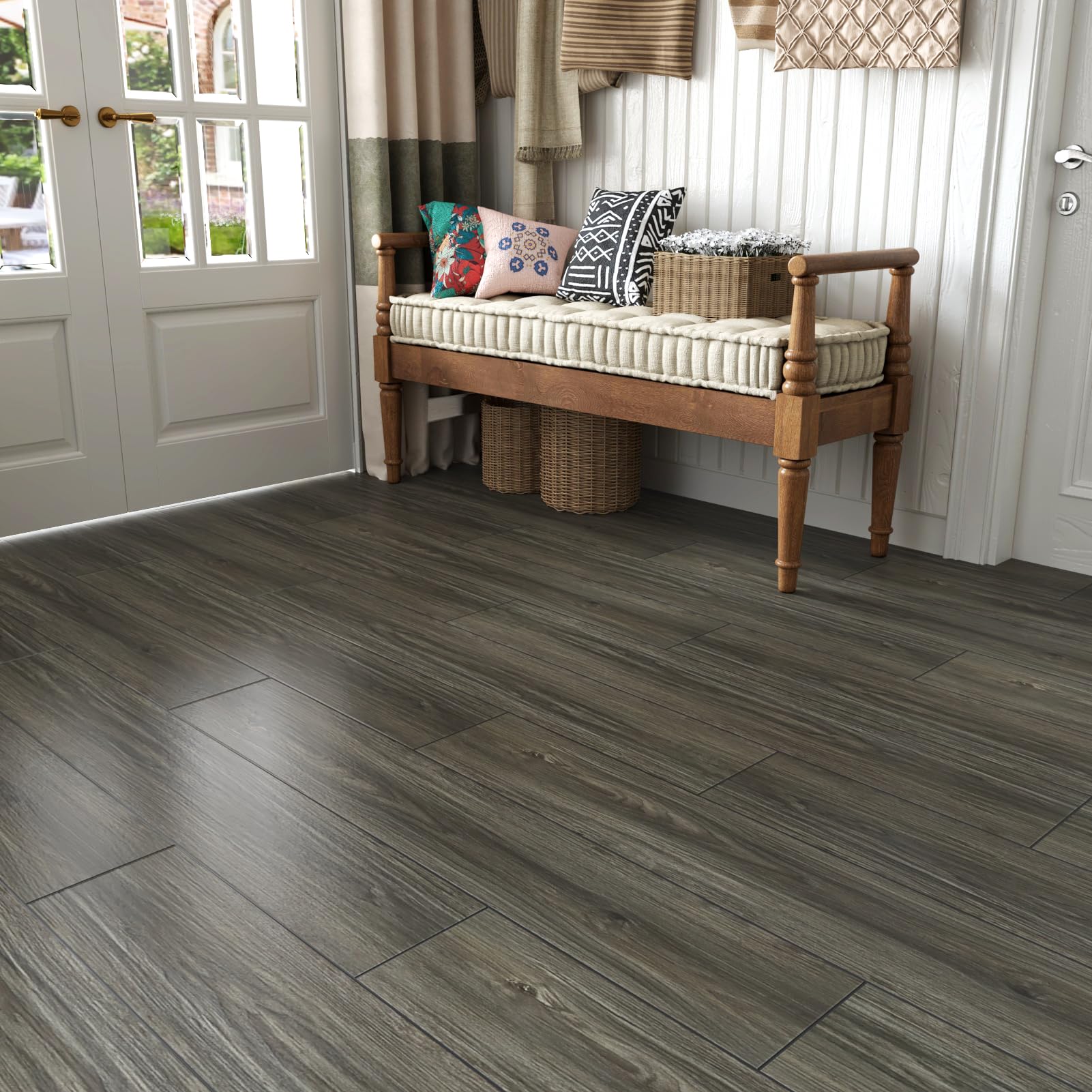 Wallercity Light Black Wood Peel and Stick Floor Tile for Kitchen 36x6 Inches Waterproof Vinyl Flooring for Bathroom Laminate Peel and Stick on Tile for Floor Self Adhesive Removable Sticky Tiles 4PCS