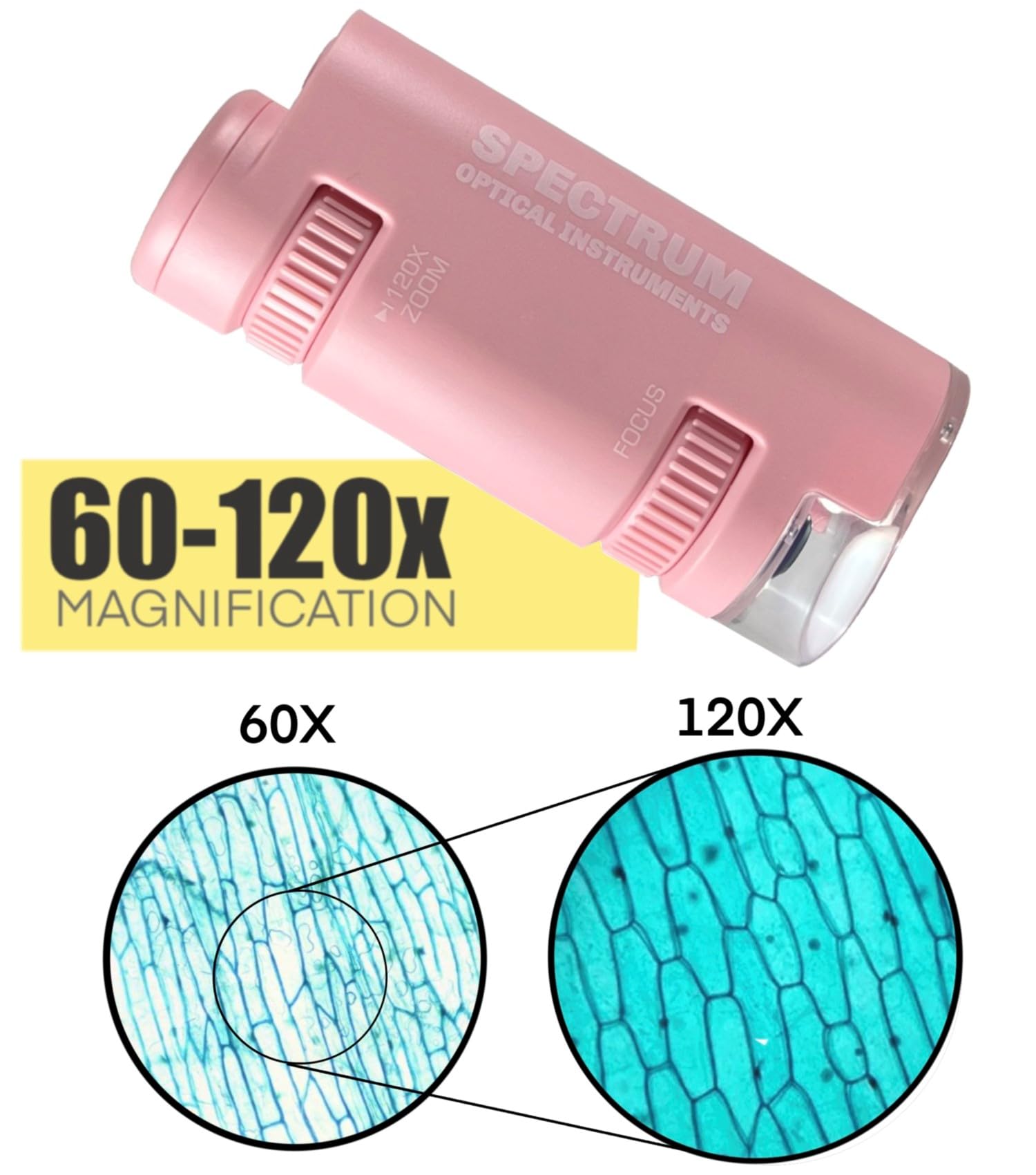 EasyMicro 60x-120x LED Lighted Zoom Microscope (Pink) - 2X Bonus Sample Slices and Protective Bag - Spectrum Optical Instruments