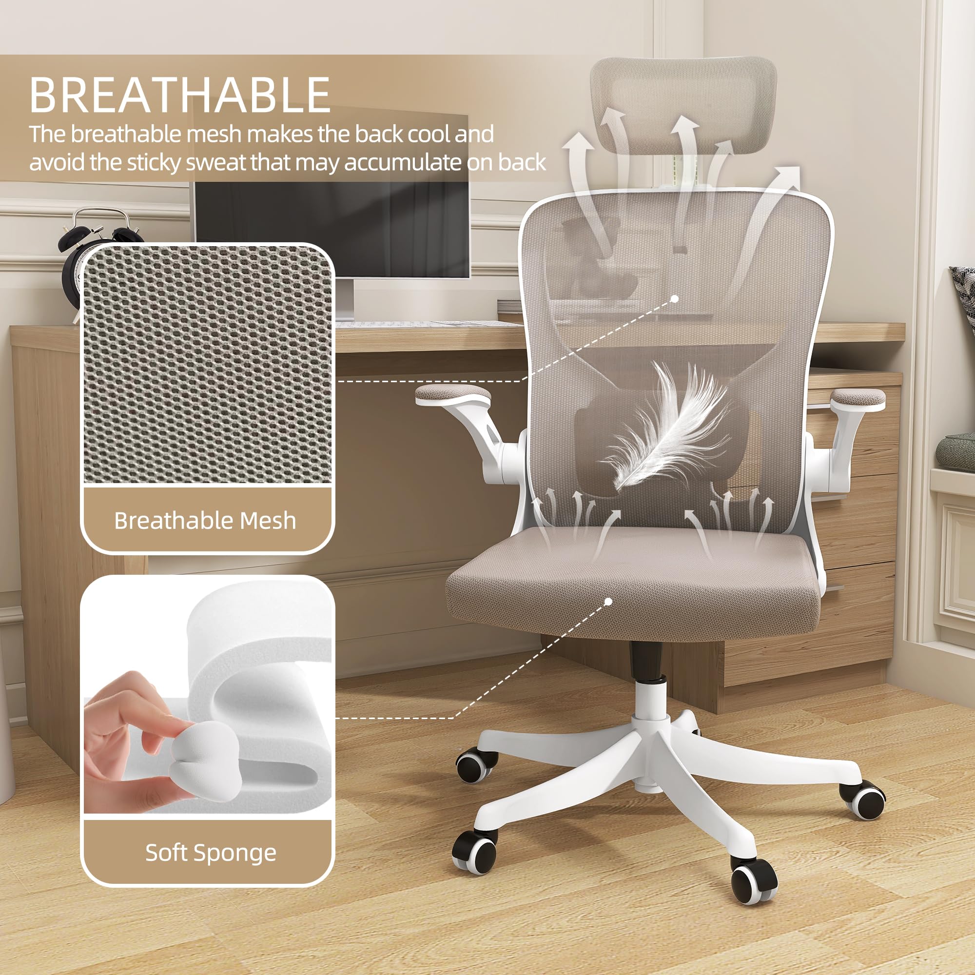 Monhey Home Office Desk Chair Office Chairs, Ergonomic Office Chair with Adjustable Headrest, Lumbar Support and Flip-up Arms, Computer Chair Khaki Mesh Chair for Home Office