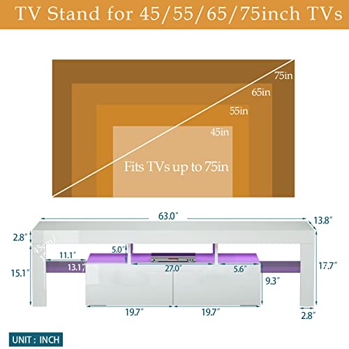 HAKFOO Modern LED TV Stand for 65/55 inch TV, Modern Entertainment Center with 1-2 Storage Drawers, High Gloss Television Stand for Living Room, APP/Remote RGB Light (White, 63inch)