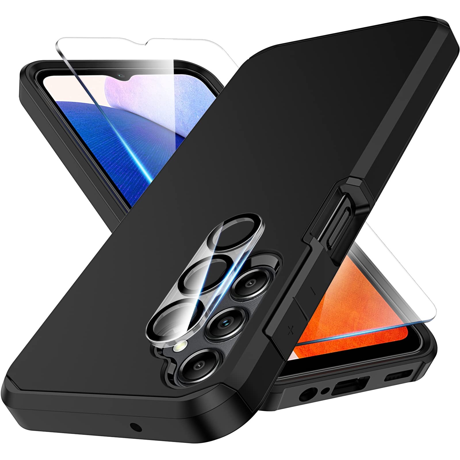 Huness 3 in 1 Case for Galaxy A14 with Tempered Glass Screen Protector, Camera Lens Protector and Silicone Protective Cover - Black