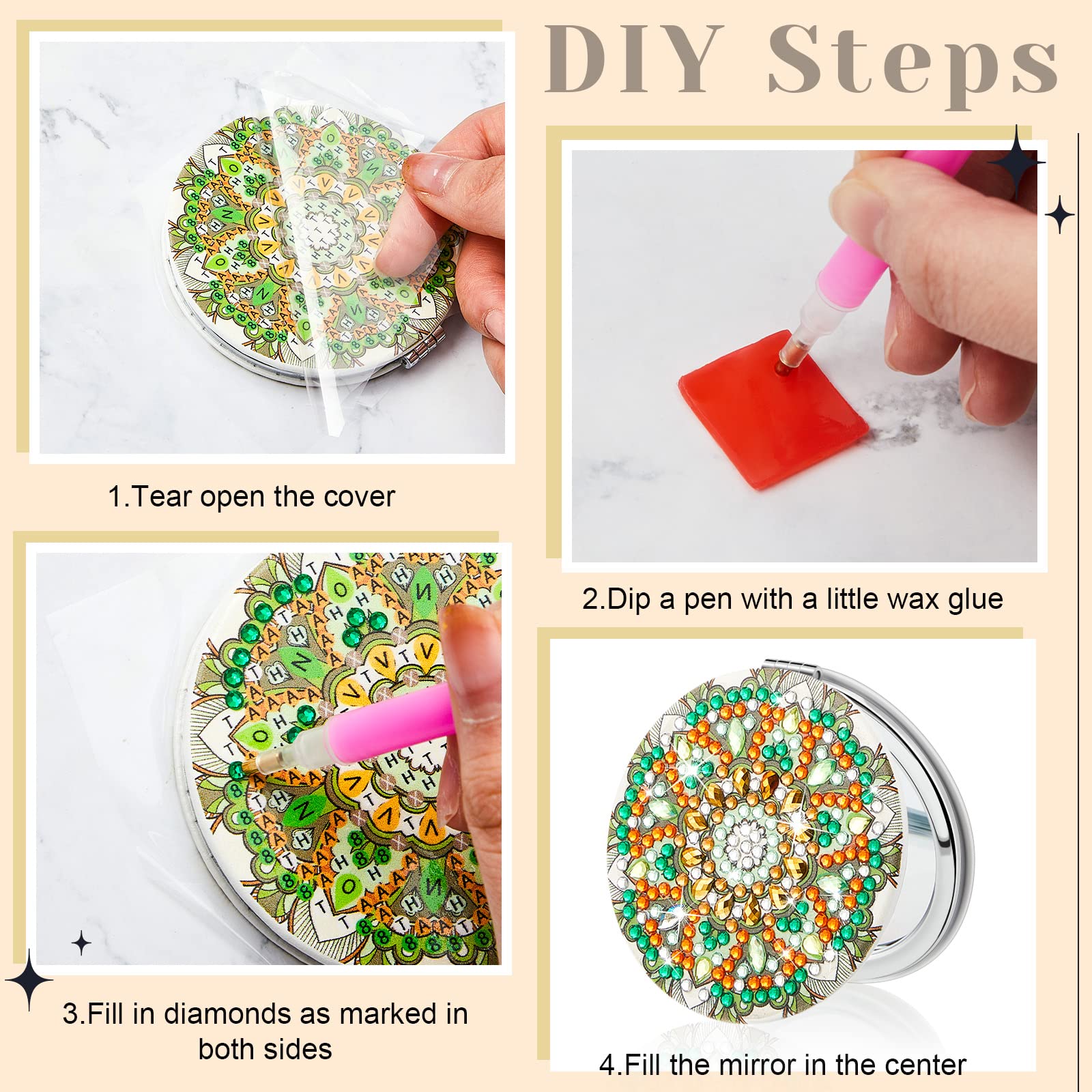 Marsui 4 Pcs Diamond Painting Compact Mirror Art Kits for Adults DIY Pocket Mirror Art Cover Portable Folding Purse Looking Glass for Women(Mandala)