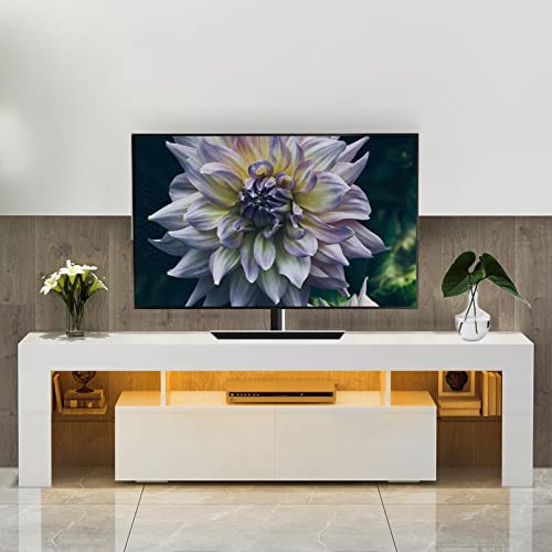 HAKFOO Modern LED TV Stand for 65/55 inch TV, Modern Entertainment Center with 1-2 Storage Drawers, High Gloss Television Stand for Living Room, APP/Remote RGB Light (White, 63inch)