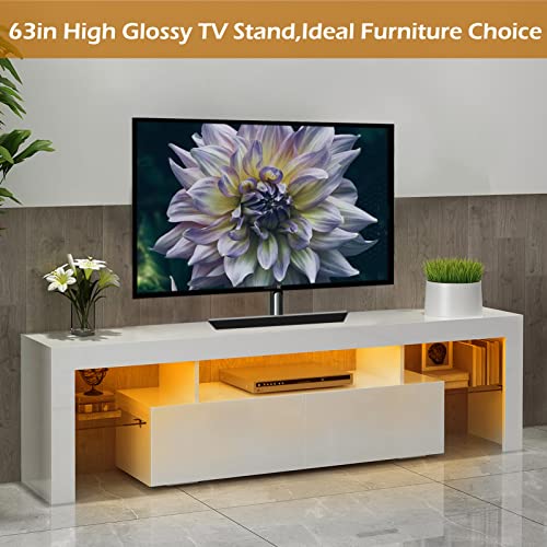HAKFOO Modern LED TV Stand for 65/55 inch TV, Modern Entertainment Center with 1-2 Storage Drawers, High Gloss Television Stand for Living Room, APP/Remote RGB Light (White, 63inch)