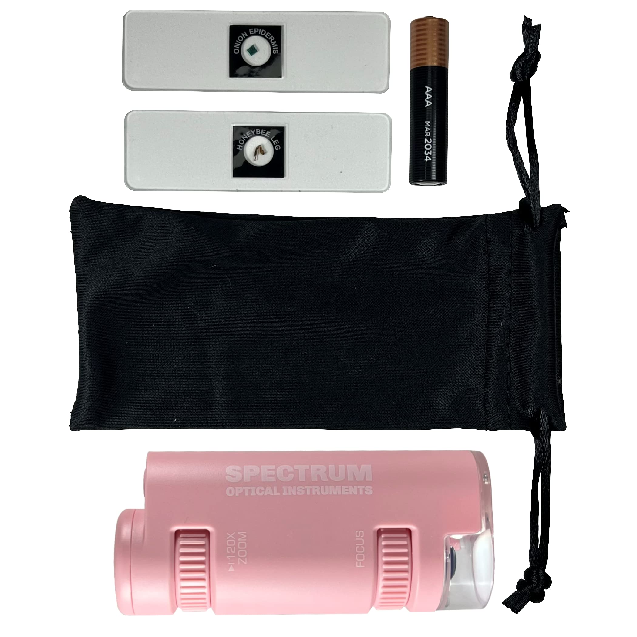 EasyMicro 60x-120x LED Lighted Zoom Microscope (Pink) - 2X Bonus Sample Slices and Protective Bag - Spectrum Optical Instruments