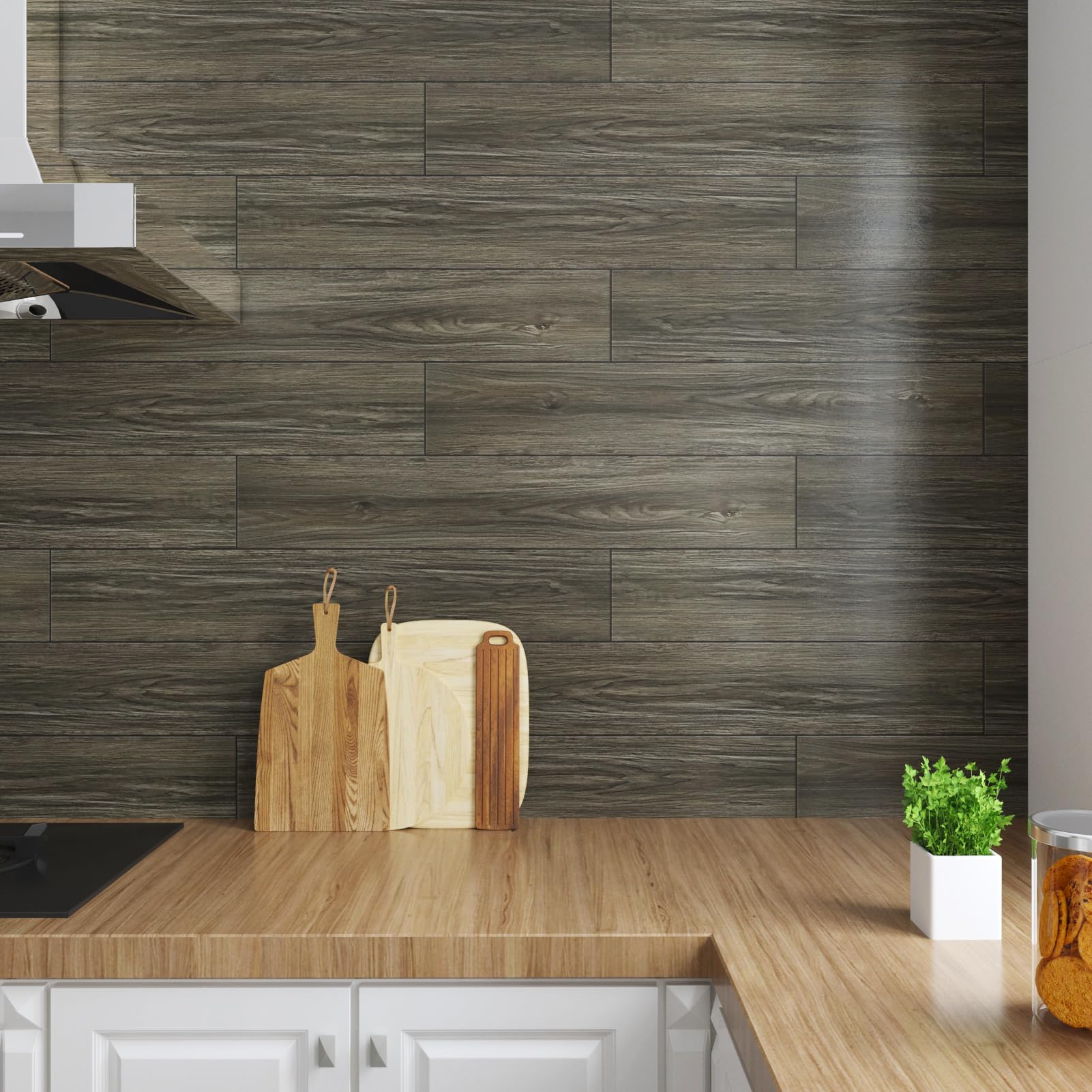 Wallercity Light Black Wood Peel and Stick Floor Tile for Kitchen 36x6 Inches Waterproof Vinyl Flooring for Bathroom Laminate Peel and Stick on Tile for Floor Self Adhesive Removable Sticky Tiles 4PCS