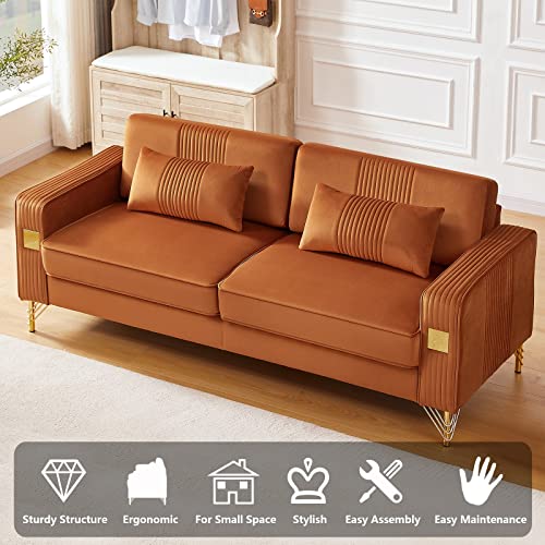 Betoko Velvet Upholstered Sofas Couches for Living Room Modern Contemporary Channel Tufted 3 Seater Sofa Couch with Golden Metal Legs for Bedroom Office and Small Spaces (Camel)
