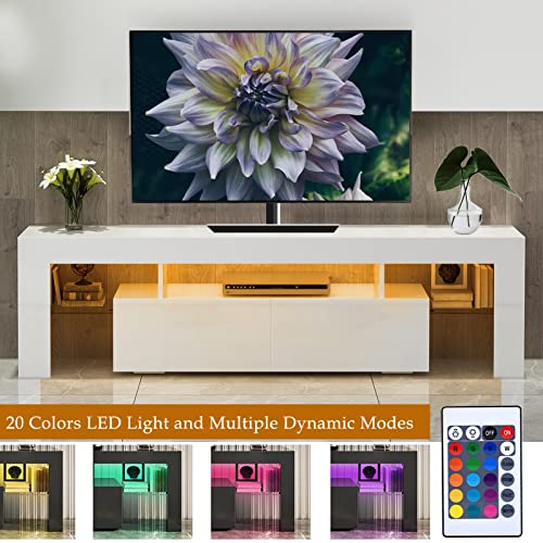 HAKFOO Modern LED TV Stand for 65/55 inch TV, Modern Entertainment Center with 1-2 Storage Drawers, High Gloss Television Stand for Living Room, APP/Remote RGB Light (White, 63inch)