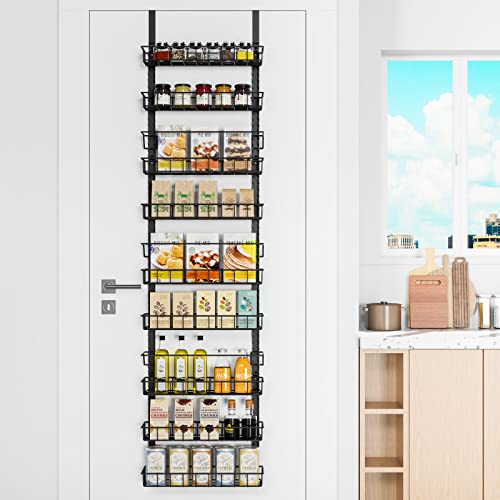 Churboro Over the Door Pantry Organizer Rack with 9 Adjustable Baskets, 9 Tiers Dual-use Spice Rack- Hanging or Wall Mount Spice Rack, Pantry Door Organizer, Black
