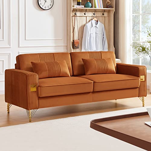 Betoko Velvet Upholstered Sofas Couches for Living Room Modern Contemporary Channel Tufted 3 Seater Sofa Couch with Golden Metal Legs for Bedroom Office and Small Spaces (Camel)