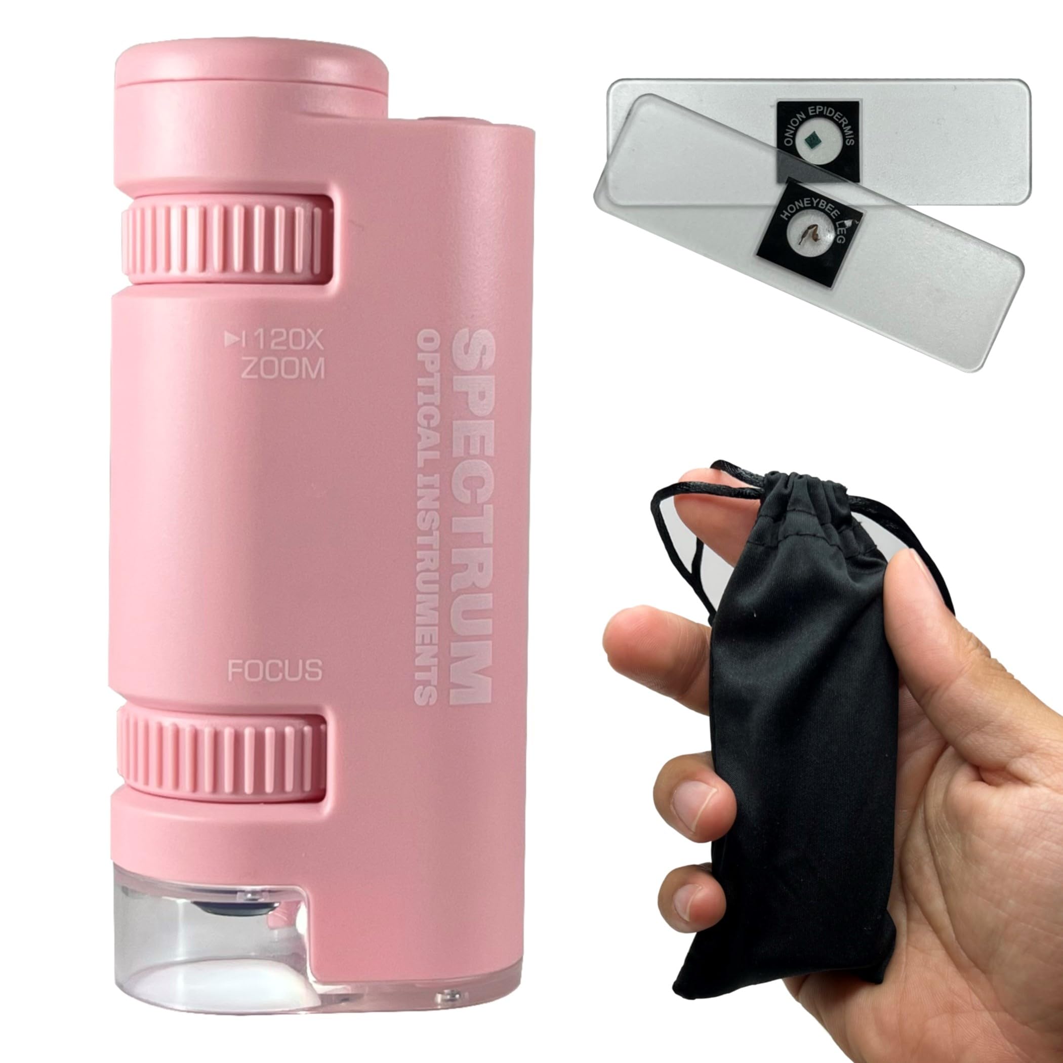 EasyMicro 60x-120x LED Lighted Zoom Microscope (Pink) - 2X Bonus Sample Slices and Protective Bag - Spectrum Optical Instruments