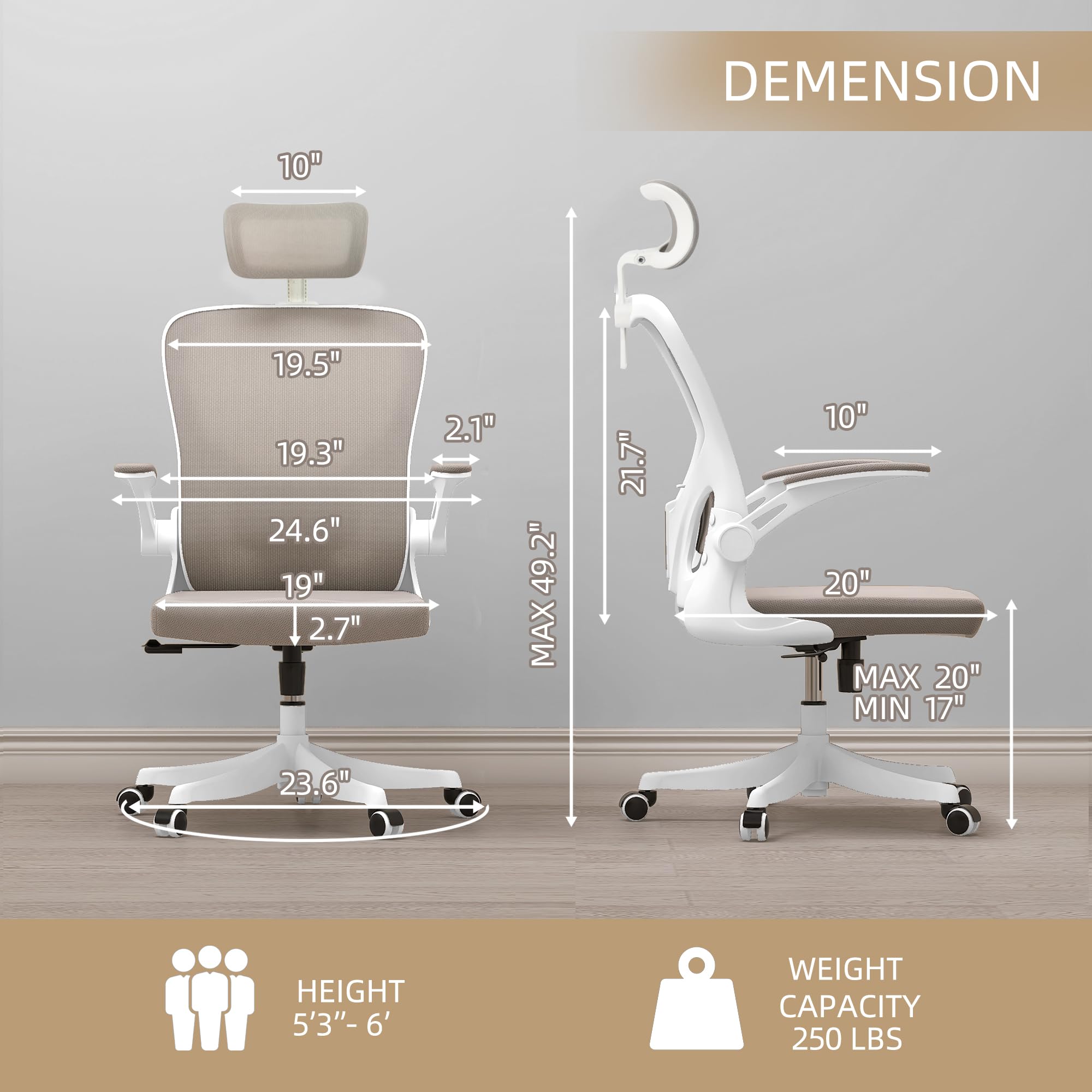 Monhey Home Office Desk Chair Office Chairs, Ergonomic Office Chair with Adjustable Headrest, Lumbar Support and Flip-up Arms, Computer Chair Khaki Mesh Chair for Home Office