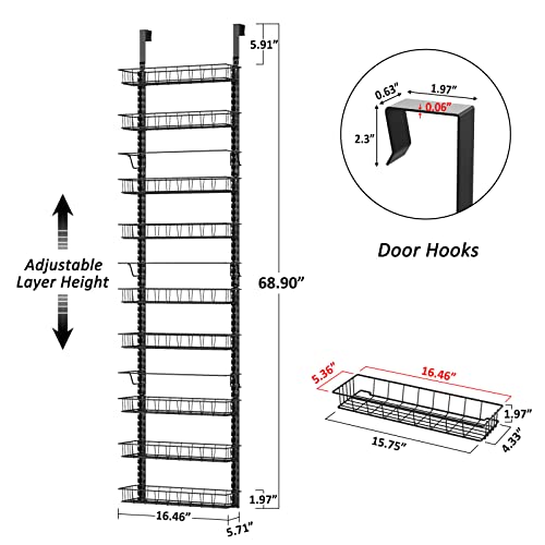 Churboro Over the Door Pantry Organizer Rack with 9 Adjustable Baskets, 9 Tiers Dual-use Spice Rack- Hanging or Wall Mount Spice Rack, Pantry Door Organizer, Black
