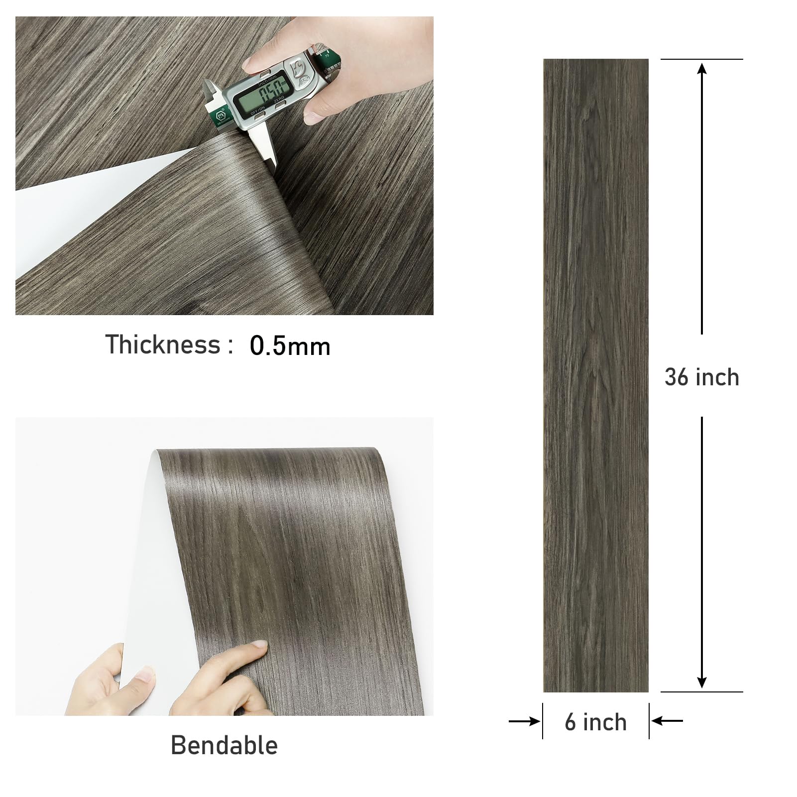Wallercity Light Black Wood Peel and Stick Floor Tile for Kitchen 36x6 Inches Waterproof Vinyl Flooring for Bathroom Laminate Peel and Stick on Tile for Floor Self Adhesive Removable Sticky Tiles 4PCS