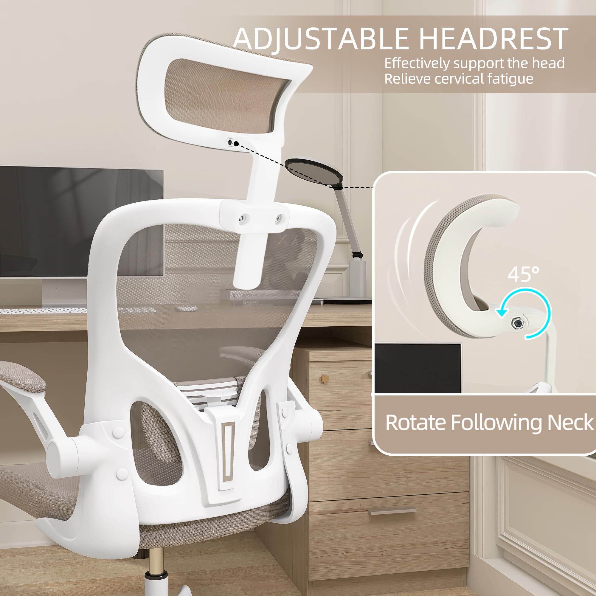 Monhey Home Office Desk Chair Office Chairs, Ergonomic Office Chair with Adjustable Headrest, Lumbar Support and Flip-up Arms, Computer Chair Khaki Mesh Chair for Home Office