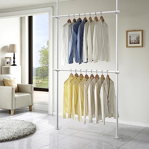 HOSKO Floor to Ceiling Clothes Rack, 2-Tier Adjustable Clothing Rack, Heavy Duty Free-Standing Garment Racks for Hanging Clothes, Tension Rod Garment Rack Closet Organizer System, White