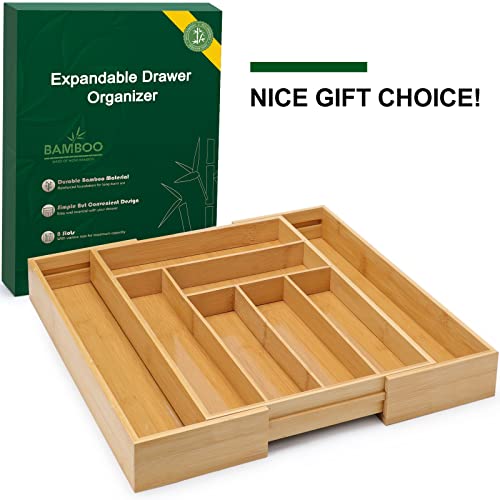 HIWARE Kitchen Utensil Organizer Silverware Organizer Silverware Tray For Drawer, Expandable Bamboo Kitchen Drawer Organizer, Large Utensil Cutlery Organizer/Holder