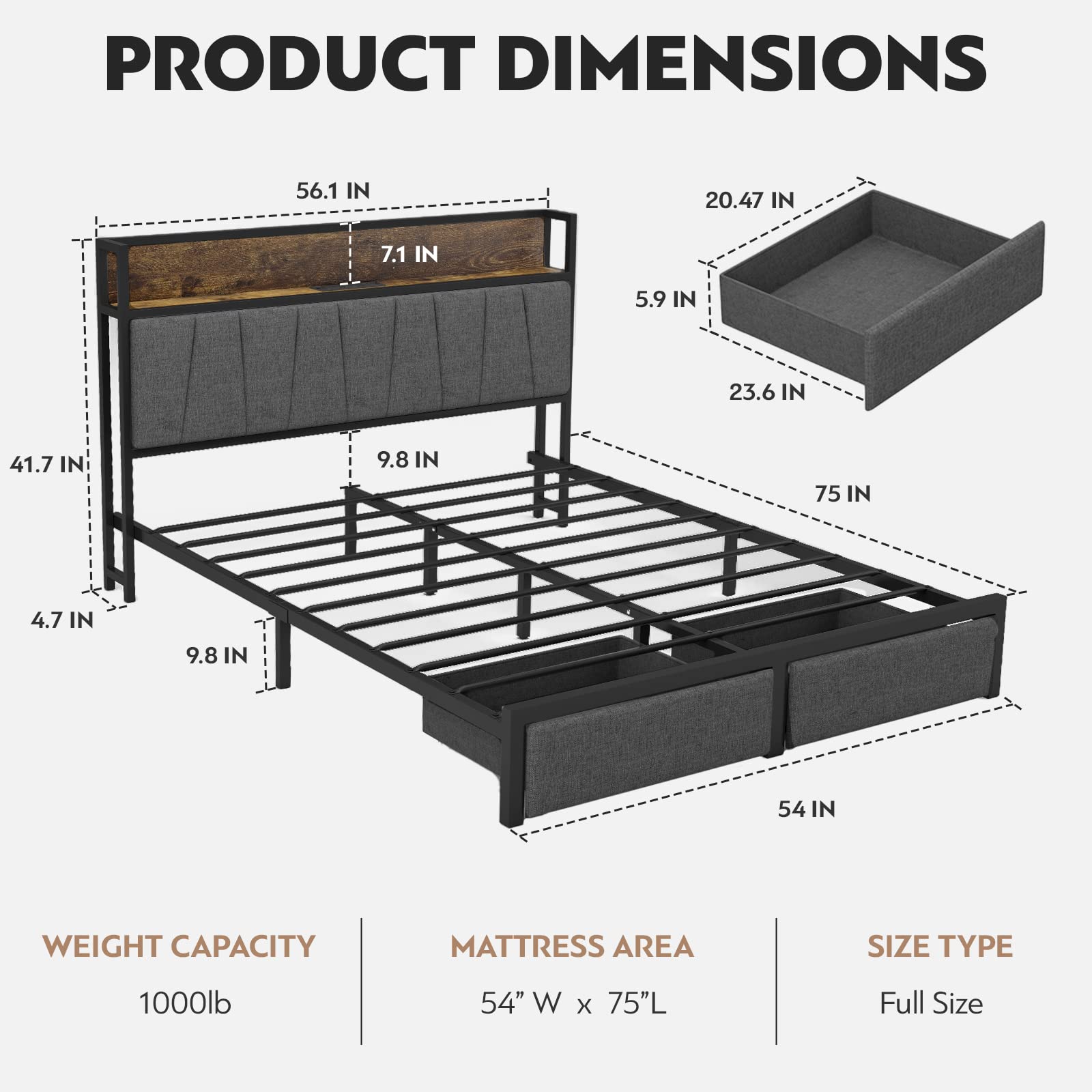 CIKUNASI Full Size Bed Frame with Headboard and Storage, Drawers Platform Bed Frame with Storage Chargin Station LED Light Bedframe, Heavy Duty, No Box Spring Needed