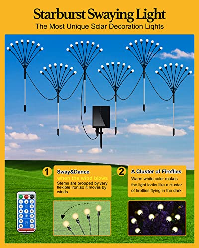 6Pack Firefly Garden Lights Solar Outdoor,8LED Solar Garden Lights, Sway by Wind, Waterproof Solar Outdoor Lights Decorative with Remote 8 Lighting Mode for Landscape Pathway Yard decorations outdoor