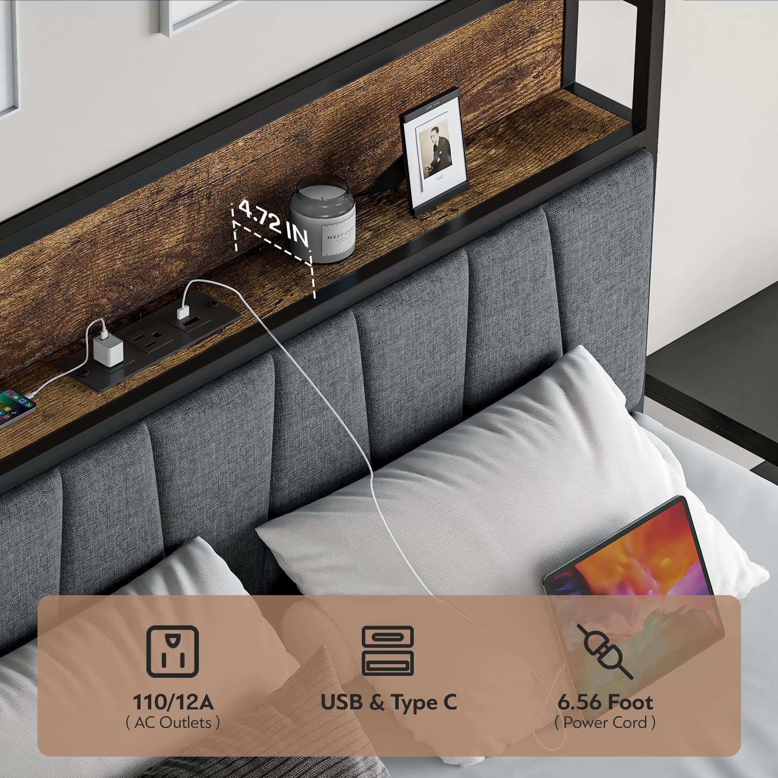 CIKUNASI Full Size Bed Frame with Headboard and Storage, Drawers Platform Bed Frame with Storage Chargin Station LED Light Bedframe, Heavy Duty, No Box Spring Needed