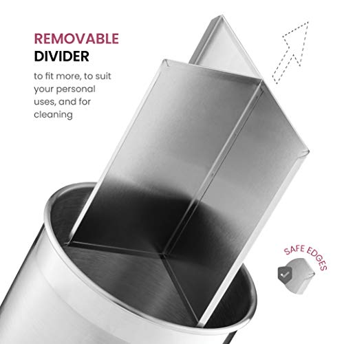 Extra-Large Stainless Steel Kitchen Utensil Holder - 360° Rotating Utensil Caddy - Weighted Base for Stability - Utensil Crock With Removable Divider for Easy Cleaning - Countertop Utensil Organizer.