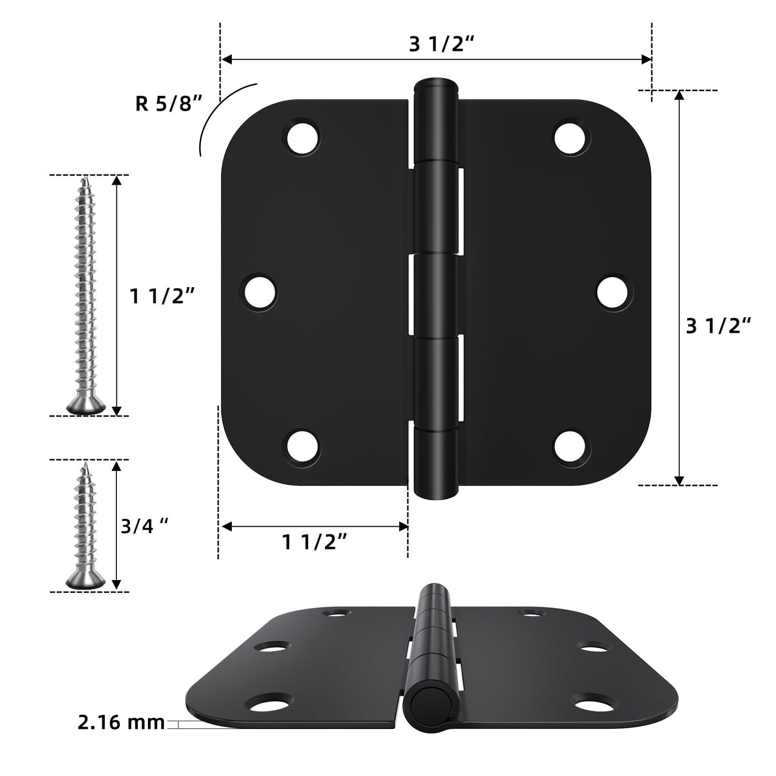 24 Pack Rounded Matte Black Door Hinges 3.5 x 3.5 inch with 5/8 Radius, Black 3 1/2 Interior Door Hinges, 3 ½"x 3 ½" Hardware